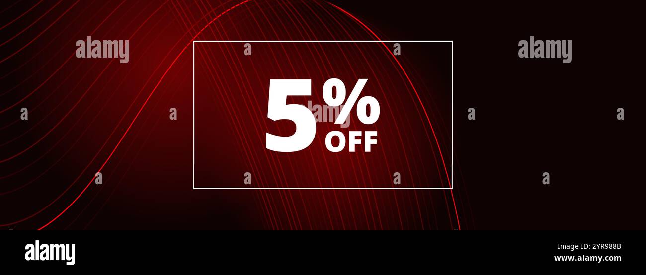 5 off sale banner. Abstract red glowing wavy lines on black wide ...