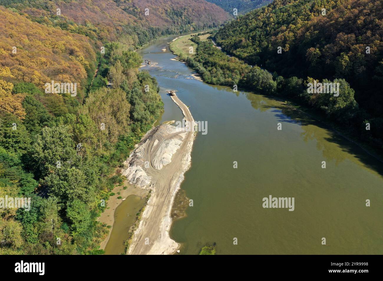 Sand and gravel exploitation in the river aerial view by drone Stock ...