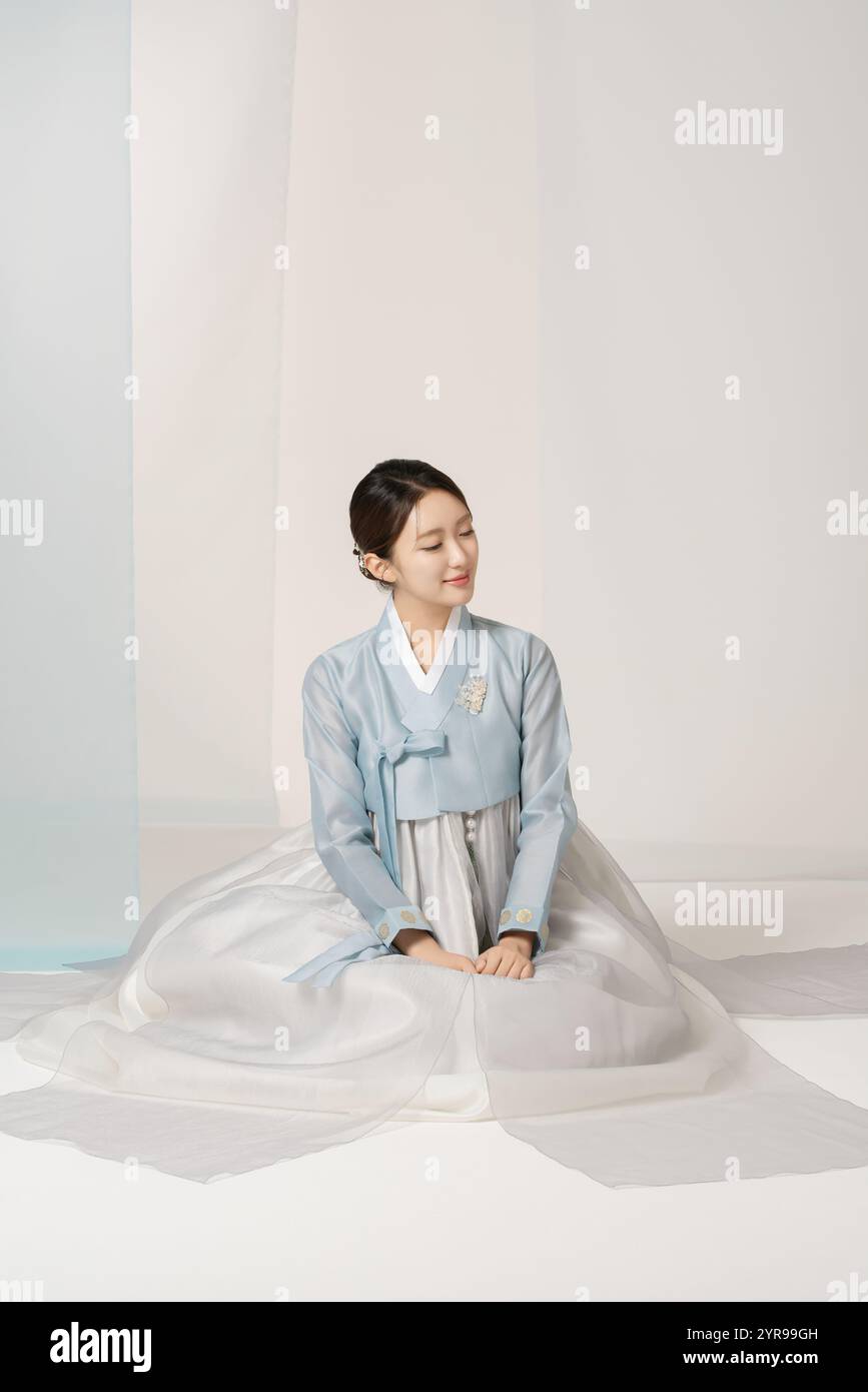 A beautiful woman sitting wearing a luxurious and elegant hanbok Stock ...