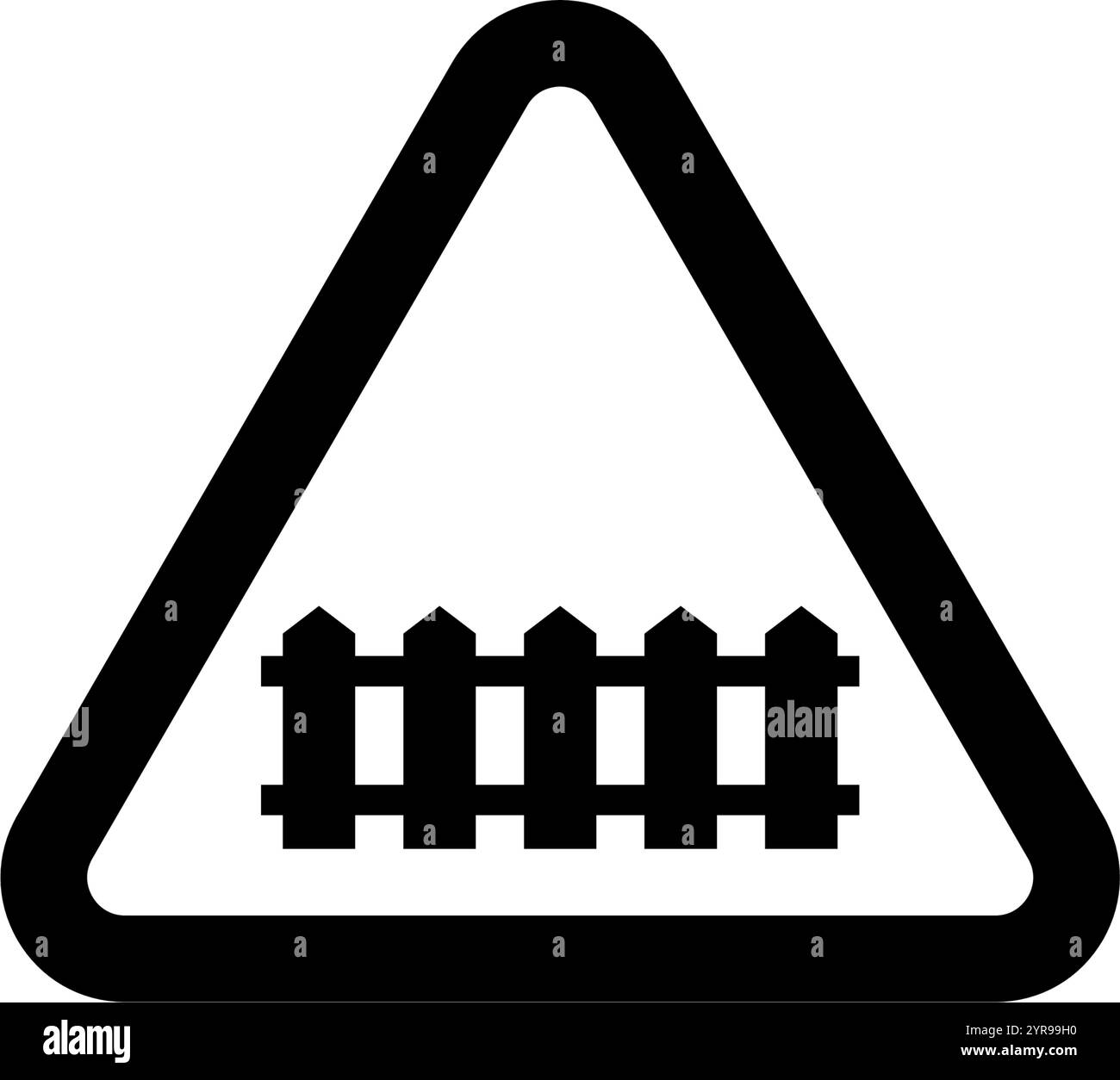 Warning icon depicting a railroad crossing with a fence in a triangular ...