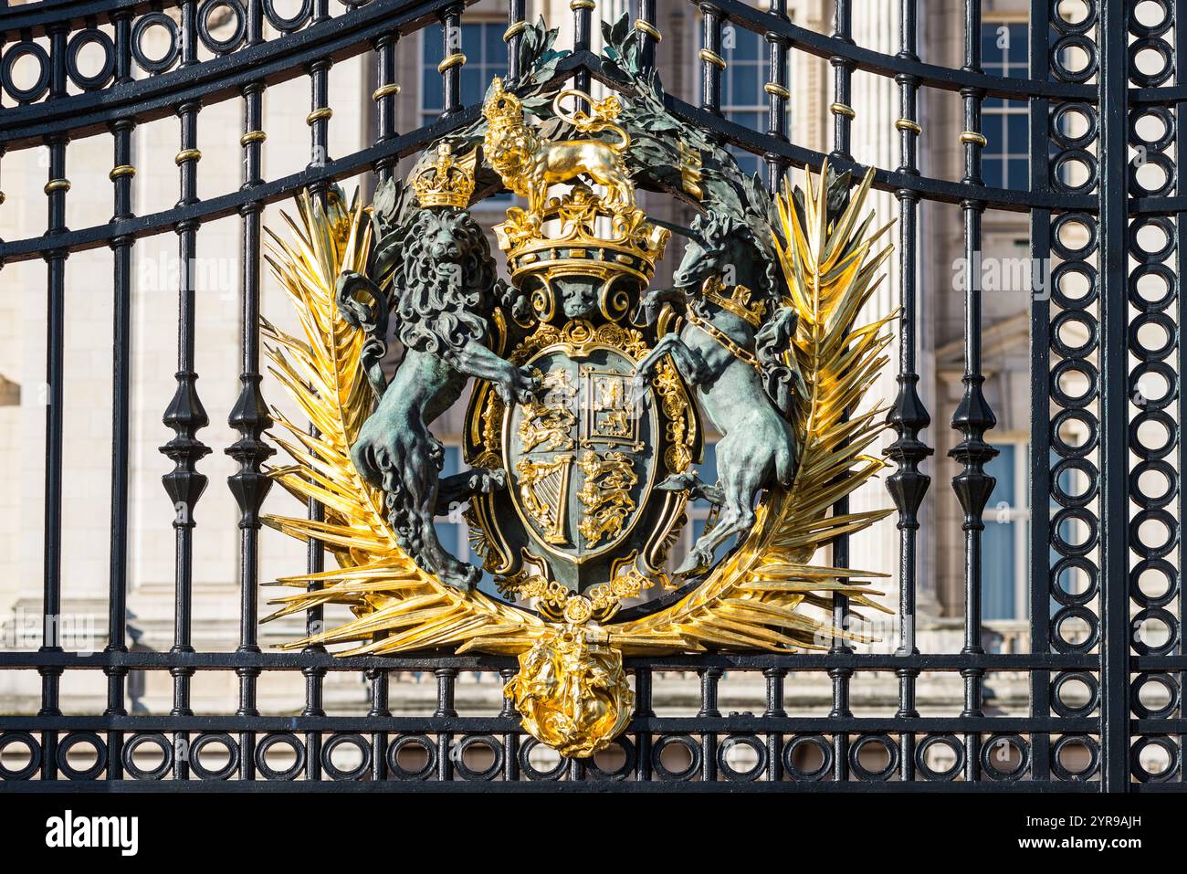 London, UK - March 27, 2024: Royal Coat of Arms on the main gate of ...