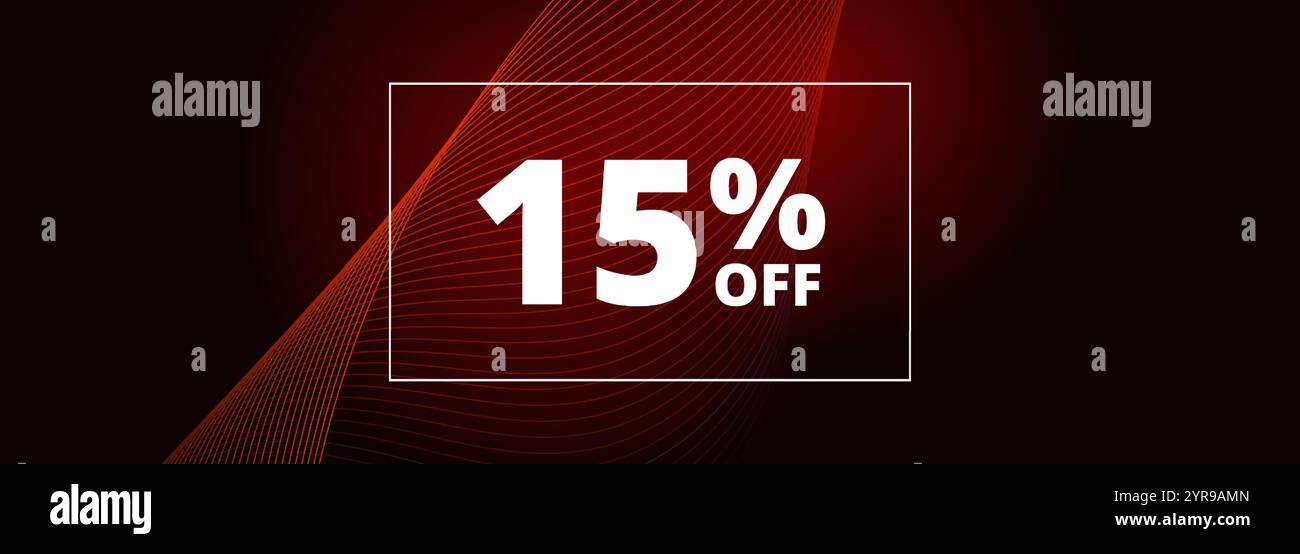 15 off sale banner. Abstract red glowing wavy lines on black wide ...