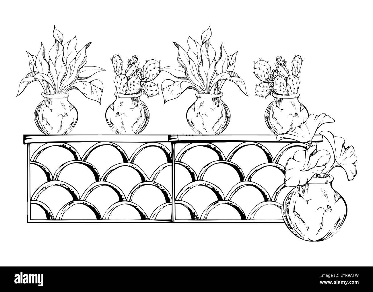 Patio garden fence wall with potted house plants, terracotta scales ...