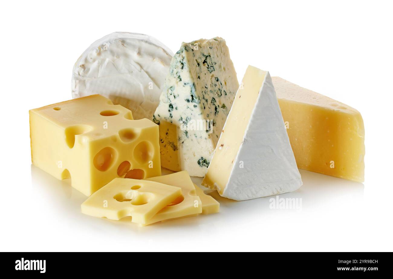 pieces of different cheese isolated on white background Stock Photo - Alamy