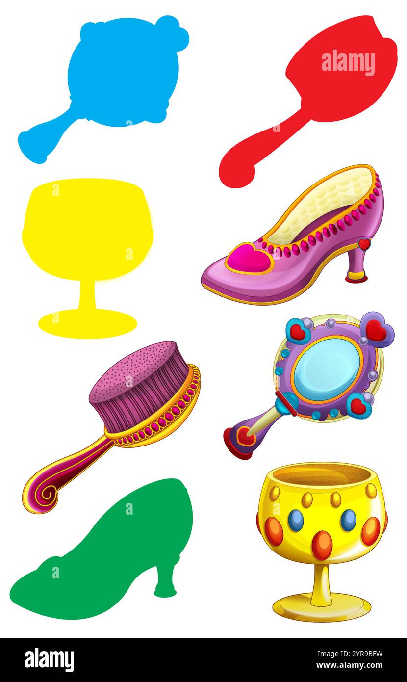 cartoon scene with matching game with colorful shapes of princess queen ...