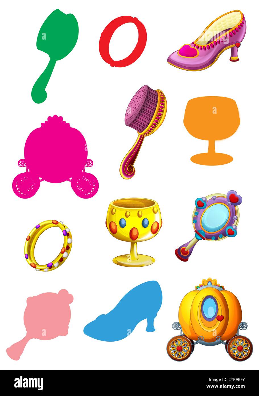 cartoon scene with matching game with colorful shapes of princess queen ...