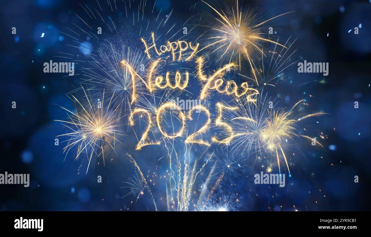 2025 Happy New Year In Blue Eve Night - Celebration With Fireworks In ...