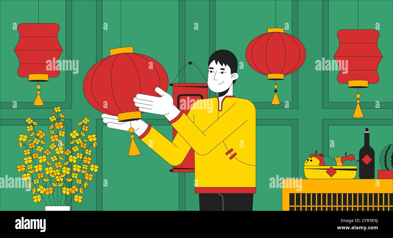 Decorating house for Chinese New Year flat illustration Stock Vector ...