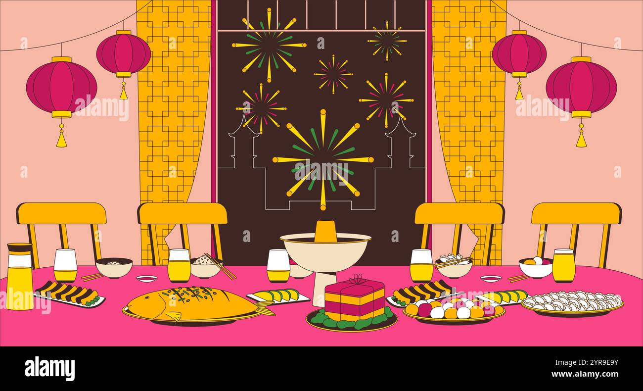 Traditional Lunar New Year foods table flat illustration Stock Vector ...