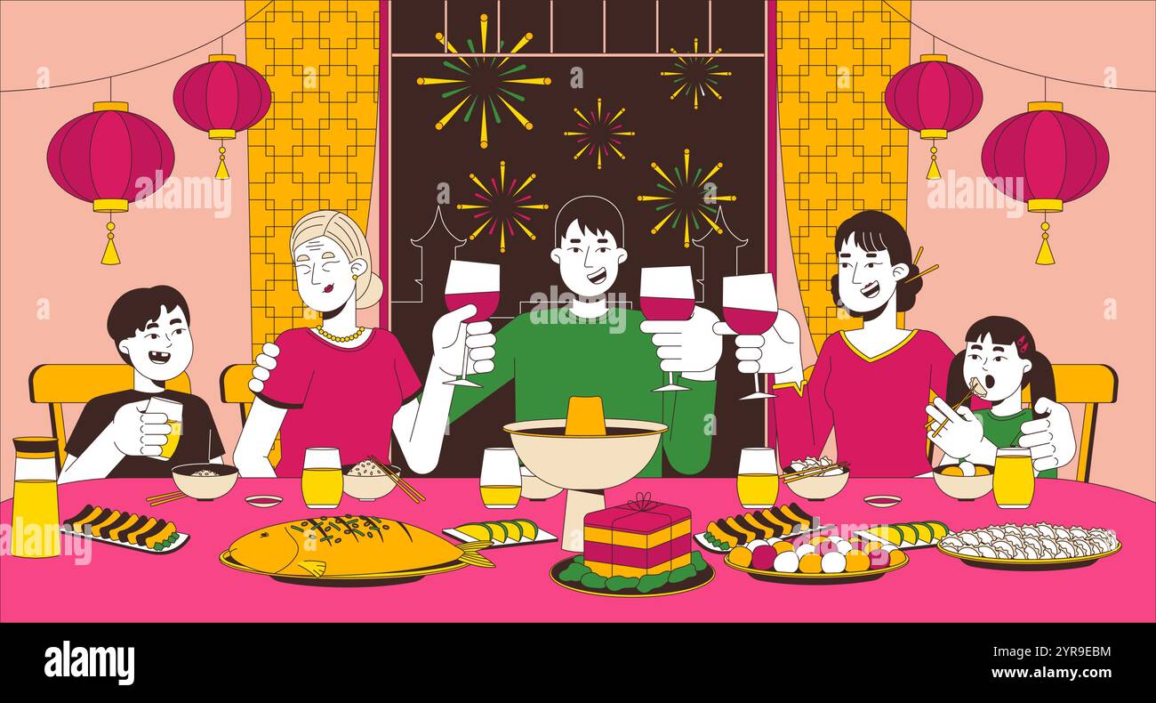 Chinese New Year reunion dinner flat illustration Stock Vector Image ...