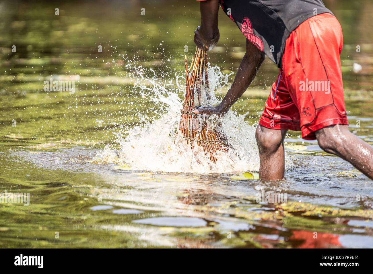 Fisherman catching fish with a basket in the river. Kalabo, Zambia ...