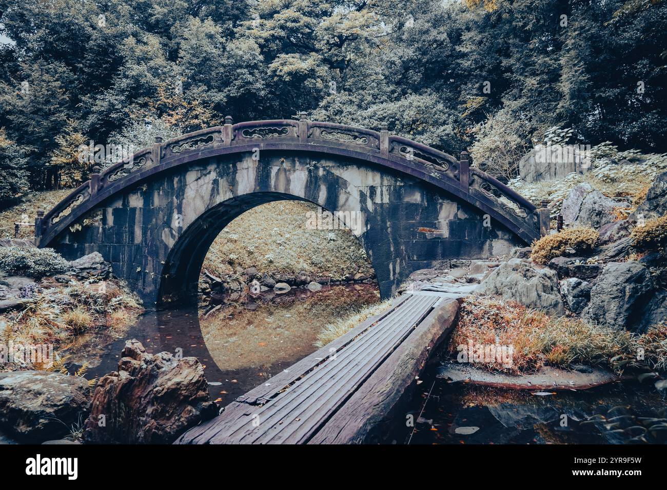 Traditional bridge in Koishikawa Korakuen Garden, a park in Tokyo ...
