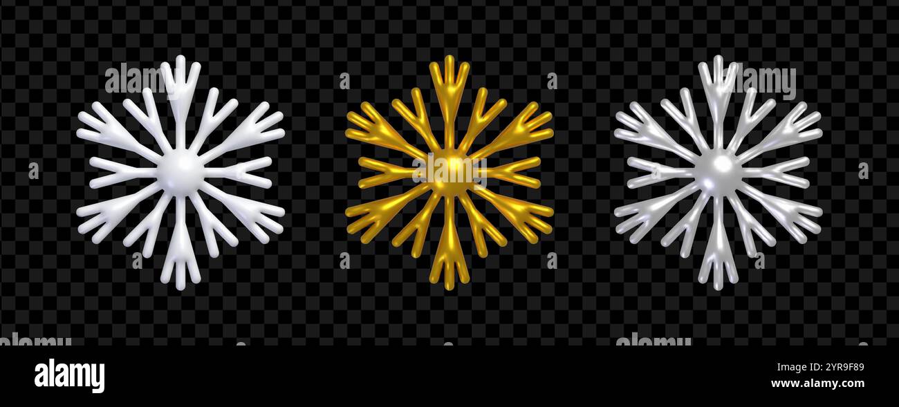 3d snowflake. Set of realistic snowflakes, white, golden and silver ...