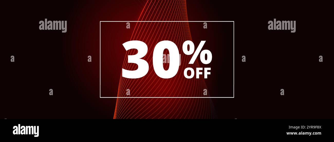 30 off sale banner. Abstract red glowing wavy lines on black wide ...