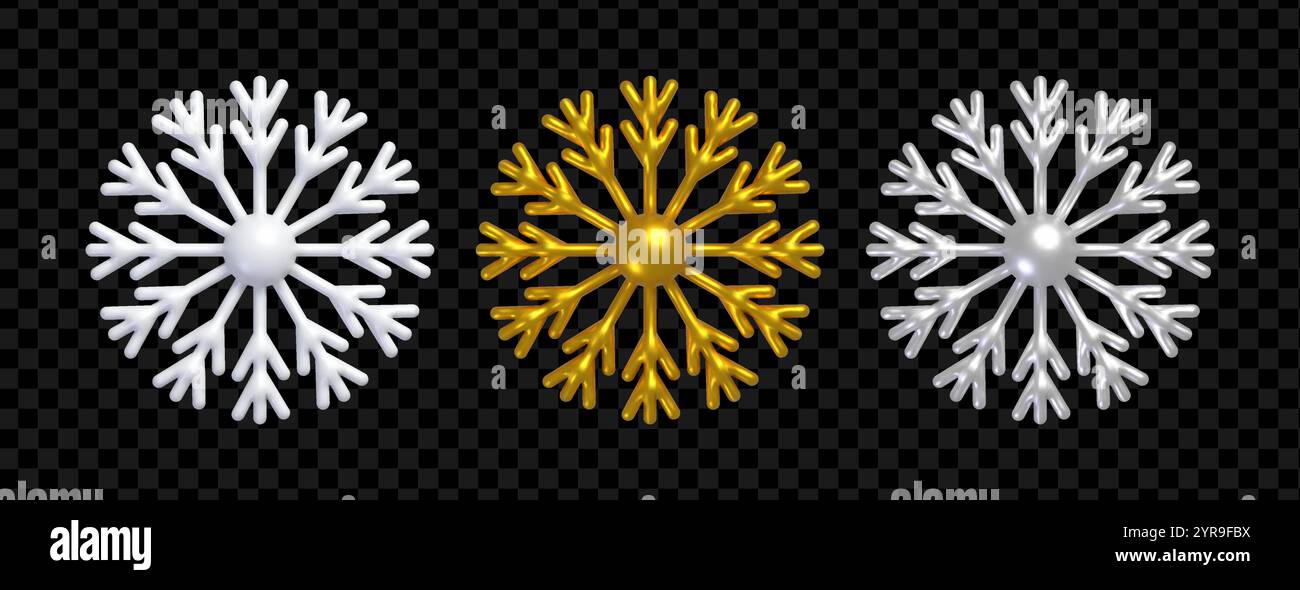 3d snowflake. Set of realistic snowflakes, white, golden and silver ...