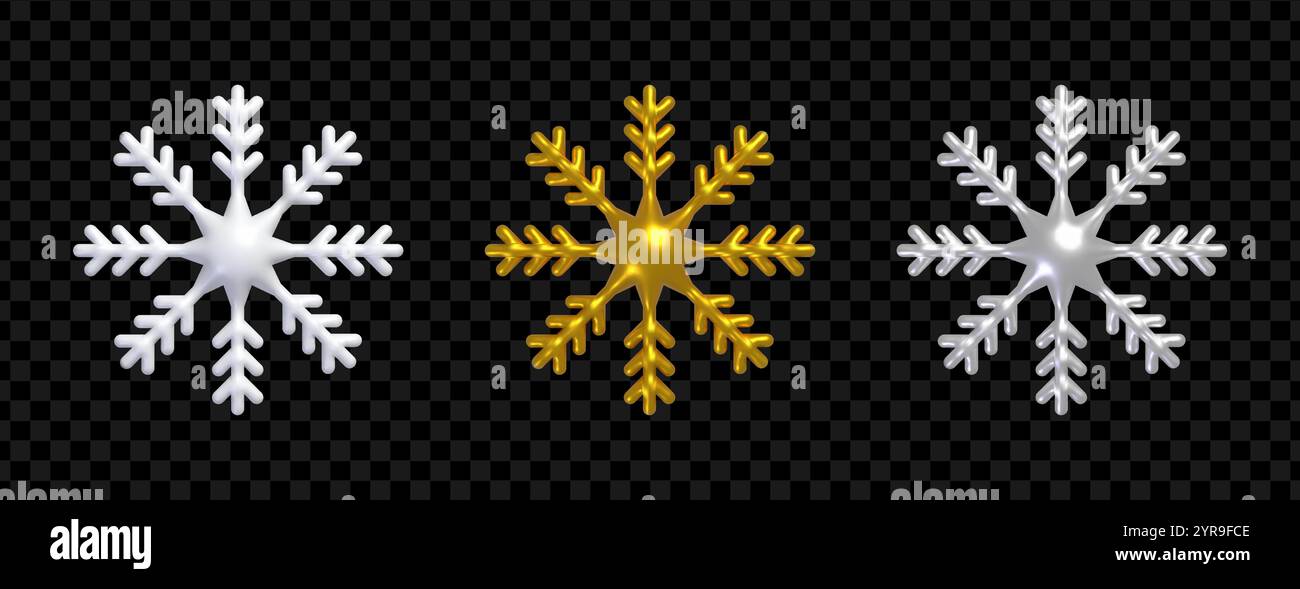 3d snowflake. Set of realistic snowflakes, white, golden and silver ...