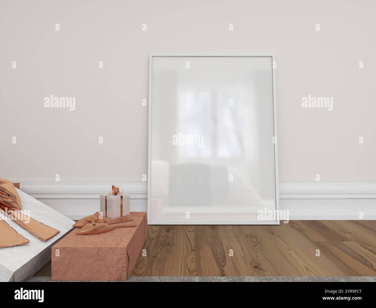 Frame mockup on wood floor, white frame with light reflection and gifts ...