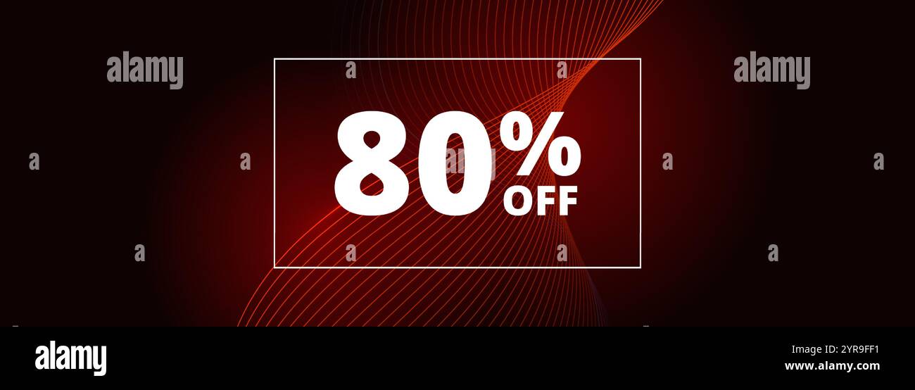 80 off sale banner. Abstract red glowing wavy lines on black wide ...