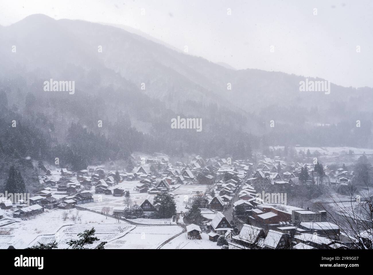 Panoramic view of winter Shirakawa-go village in Gifu, Japan Stock ...