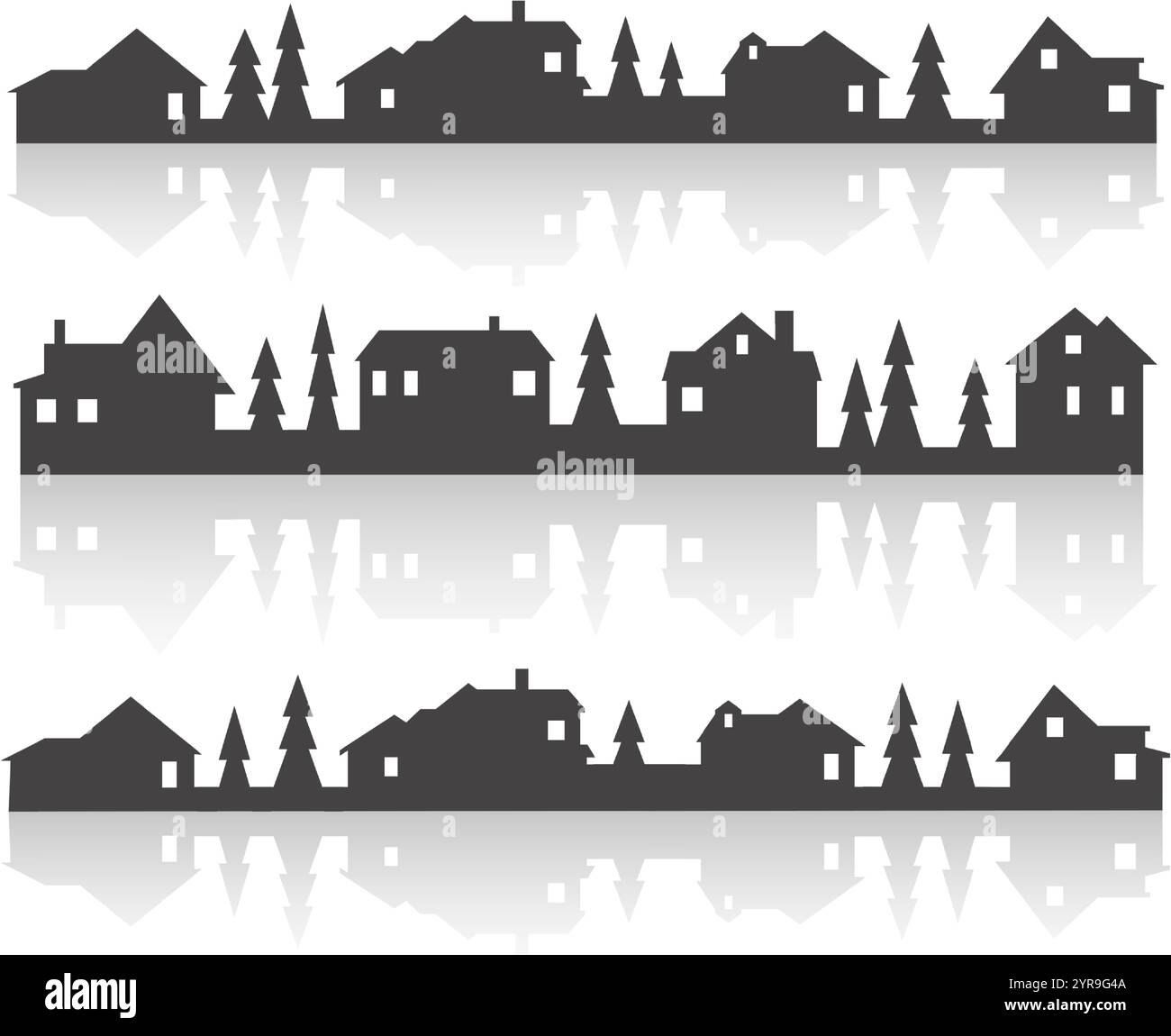 Town and village houses on skyline. Silhouette of small buildings in ...