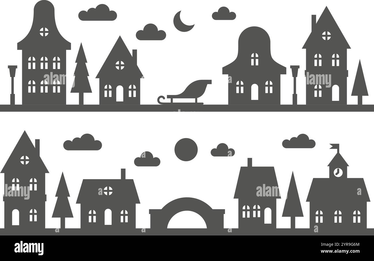 Neighborhood houses vector silhouettes. Skyline with small cute ...