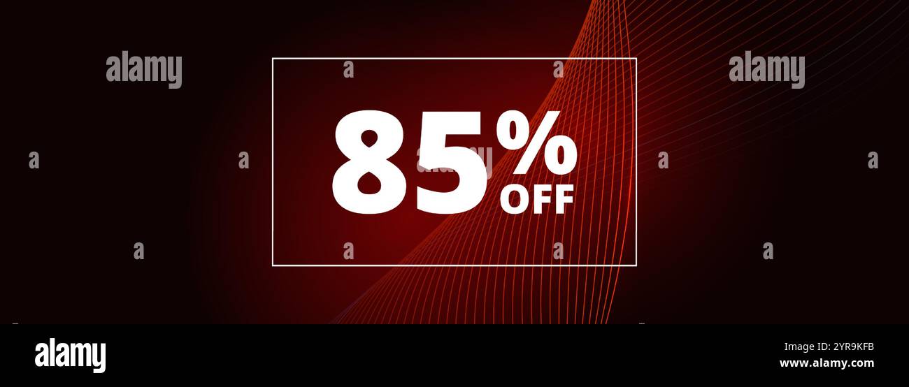 85 off sale banner. Abstract red glowing wavy lines on black wide ...