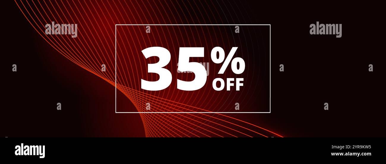 35 off sale banner. Abstract red glowing wavy lines on black wide ...