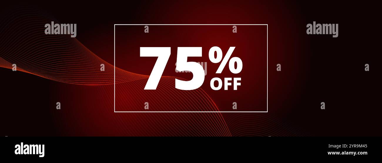 75 off sale banner. Abstract red glowing wavy lines on black wide ...