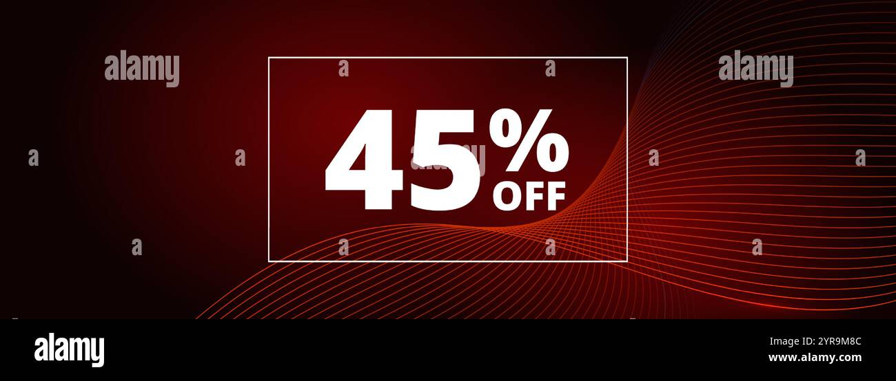 45 off sale banner. Abstract red glowing wavy lines on black wide ...