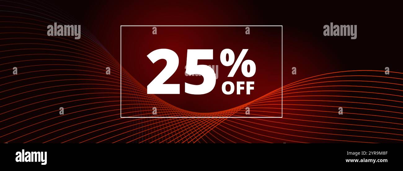 25 off sale banner. Abstract red glowing wavy lines on black wide ...