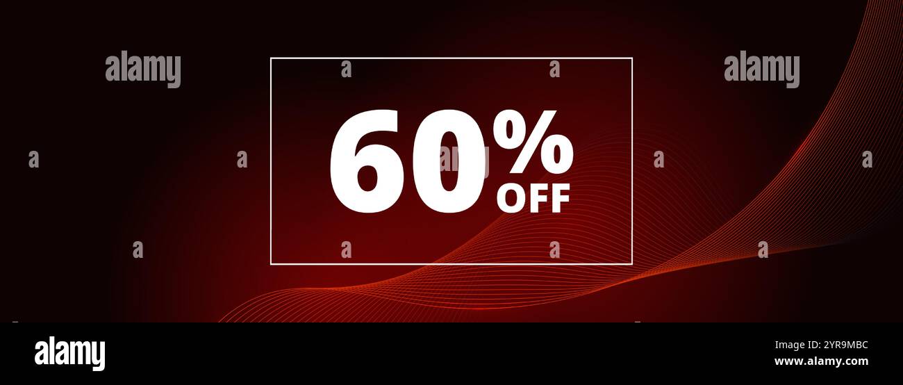 60 off sale banner. Abstract red glowing wavy lines on black wide ...