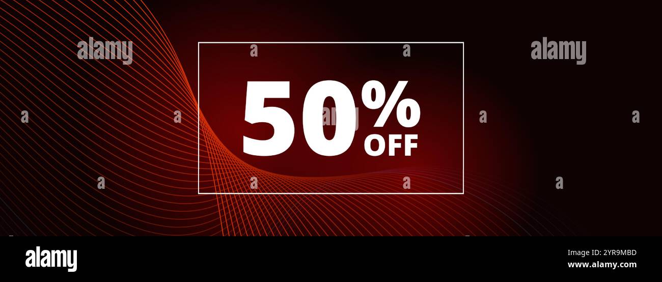 50 off sale banner. Abstract red glowing wavy lines on black wide ...