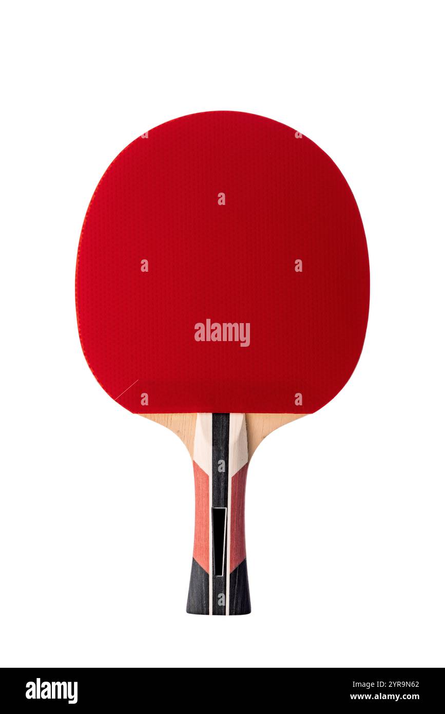 Table tennis equipment racket and yellow ping pong ball isolated on a ...