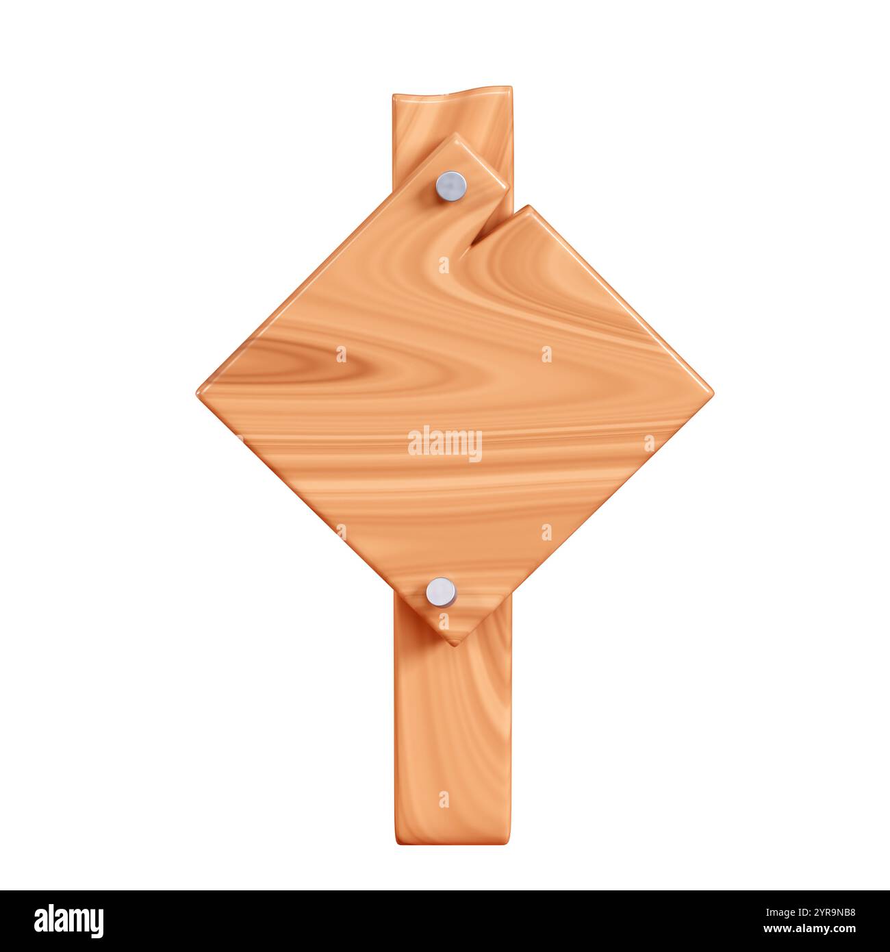 Wooden rhombus plaque with cracks and nails on pole for text box ...