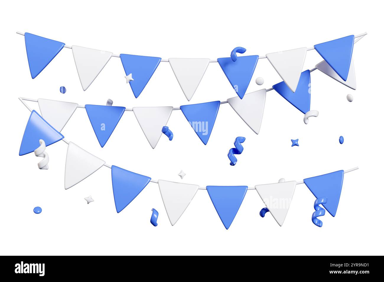 Blue and white bunting party flags arranged in decorative garland with ...