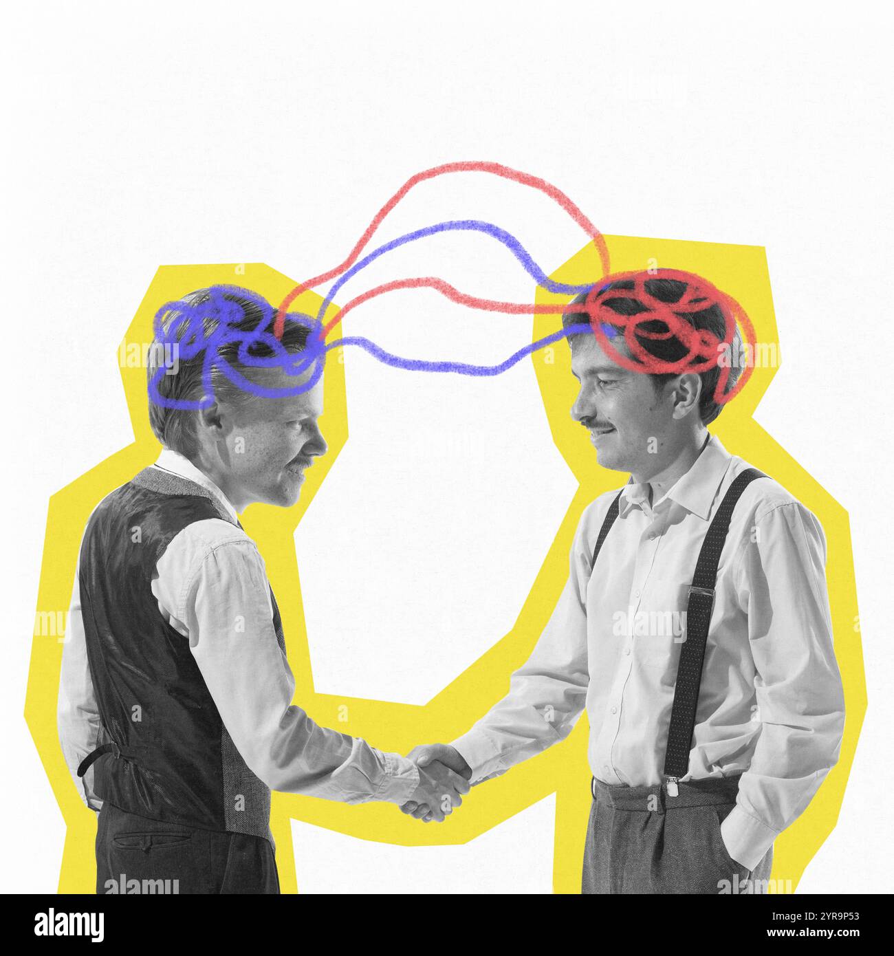 Two men in retro formal wear shaking hands, with abstract lines ...