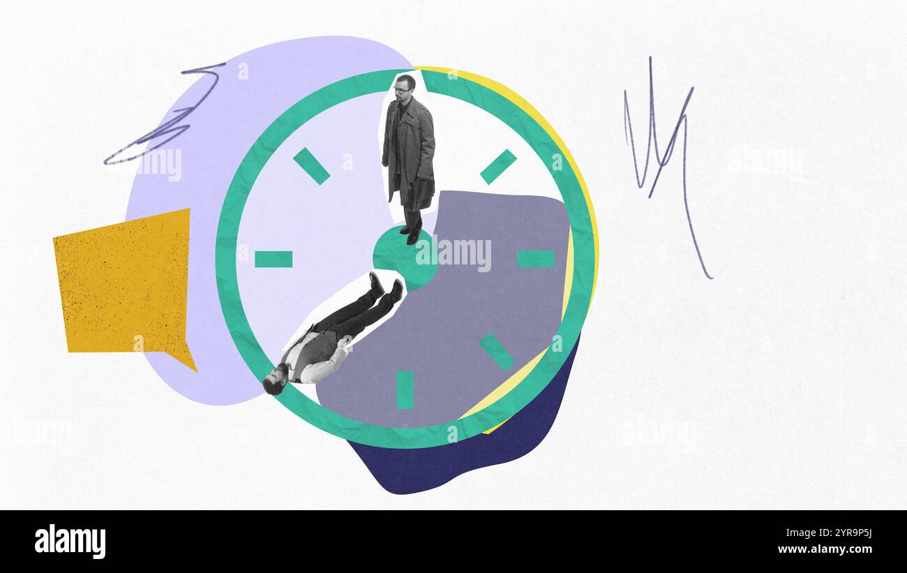 Two men within clock structure, symbolizing time, decision-making, and ...