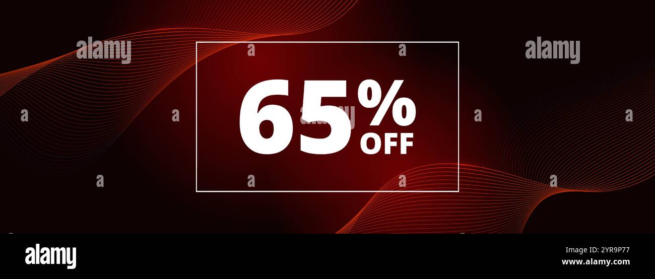 65 off sale banner. Abstract red glowing wavy lines on black wide background. 65 percent off ...