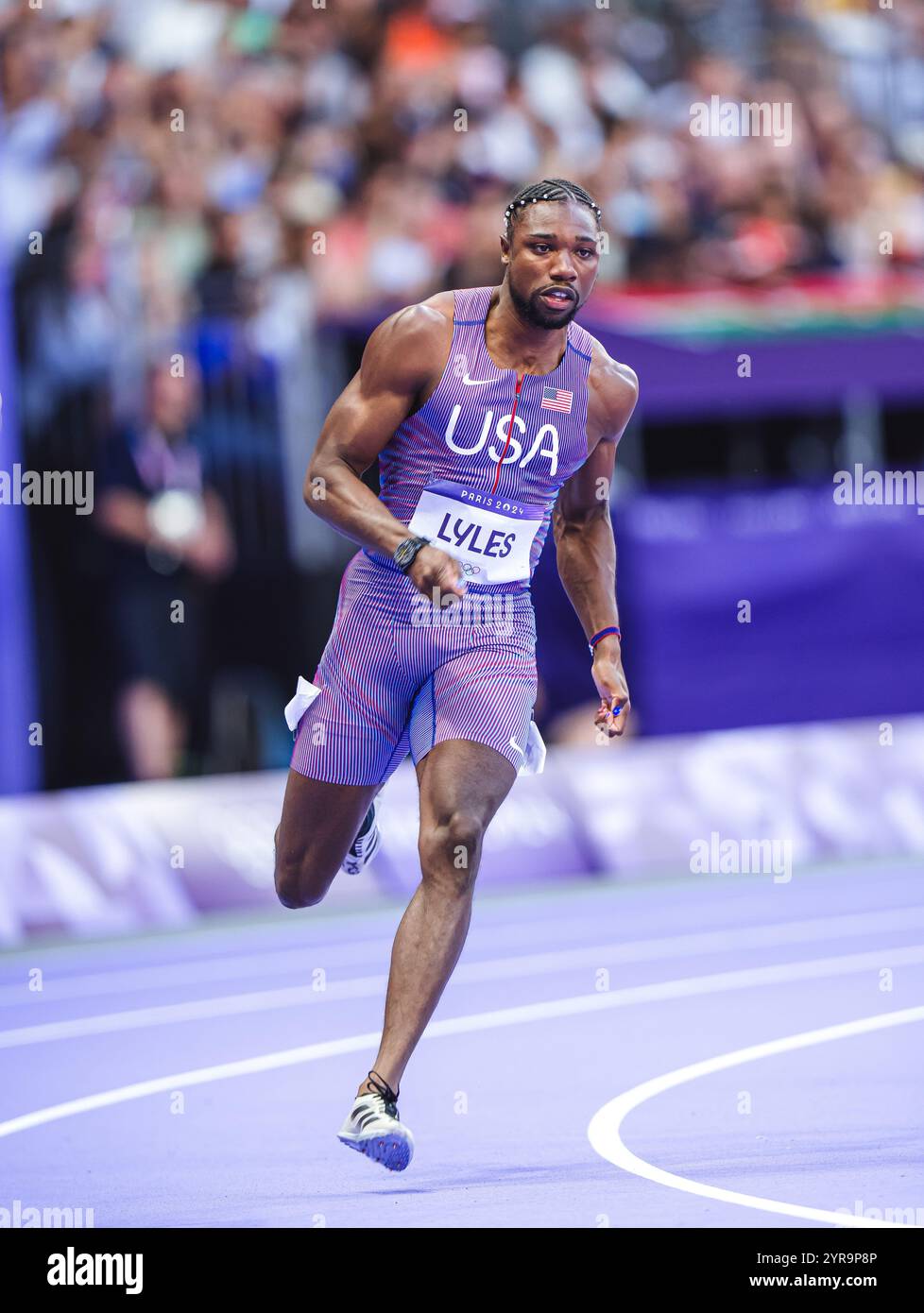 Noha Lyles participating in the 200 meters at the Paris 2024 Olympic ...