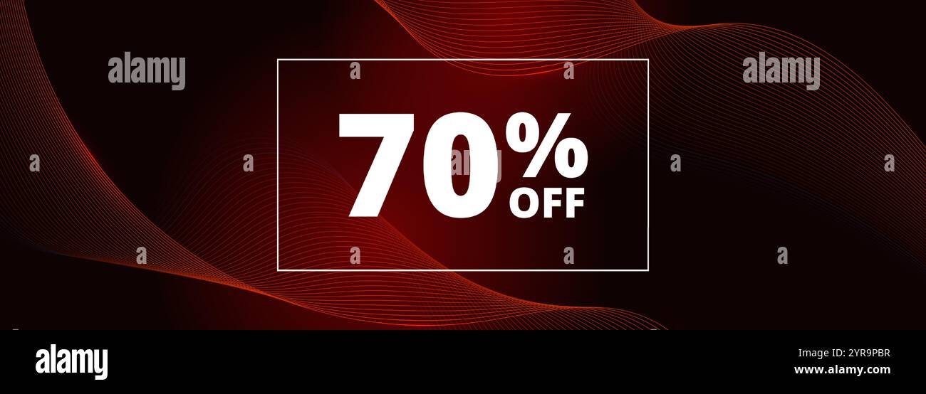 70 off sale banner. Abstract red glowing wavy lines on black wide ...