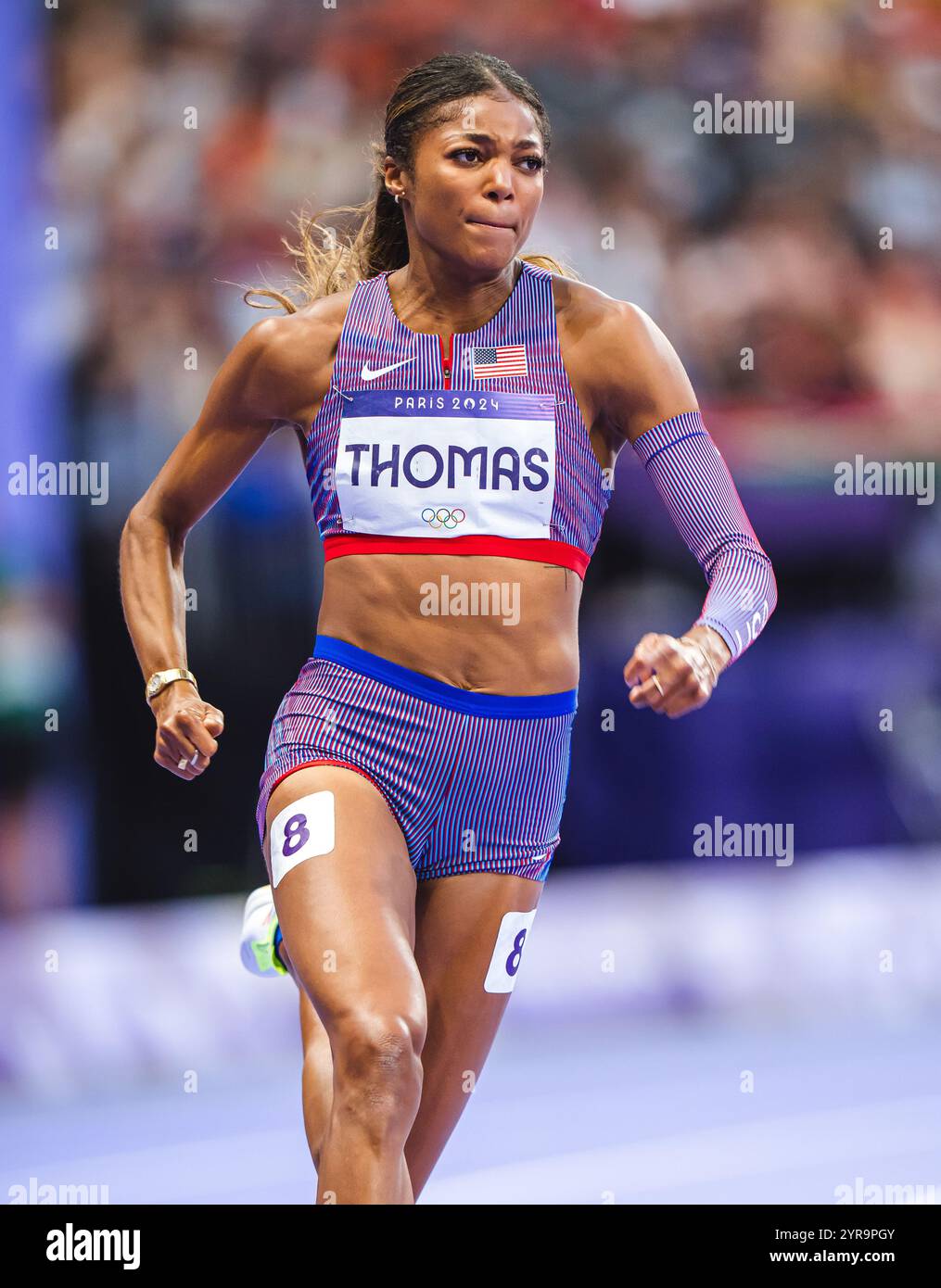 Gabrielle Thomas participating in the 200 meters at the Paris 2024 ...