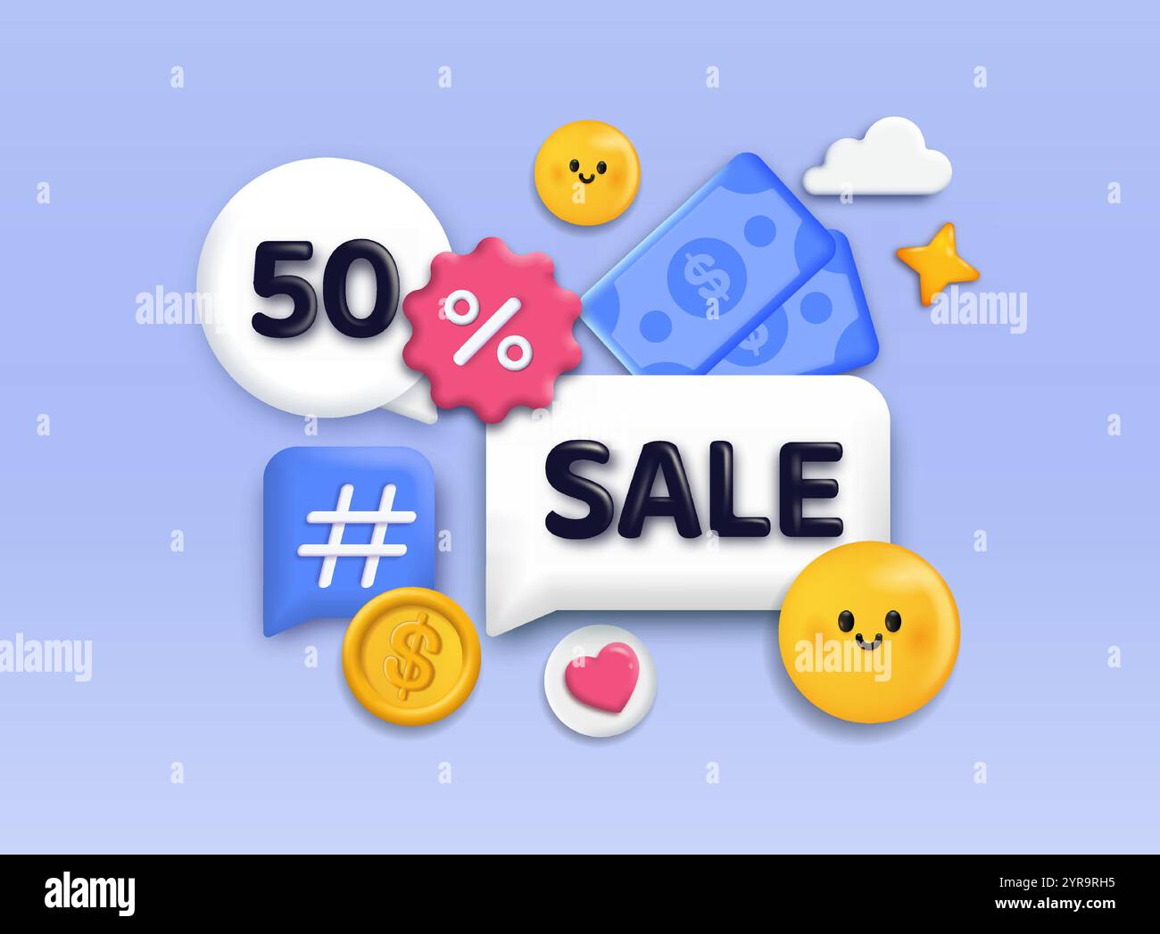 3D sale banner. Emoji, banknotes, 50 percents. Discounts and promotions ...