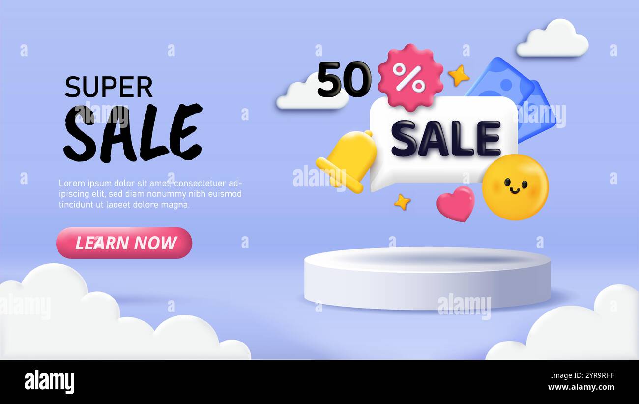 3D sale with podium. Emoji, banknotes, pedestal, 50 percents. Discounts ...
