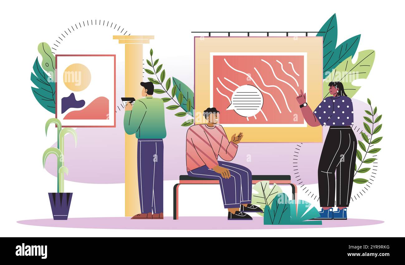 People in art gallery. Visitors in museum and at exhibition. Men and ...