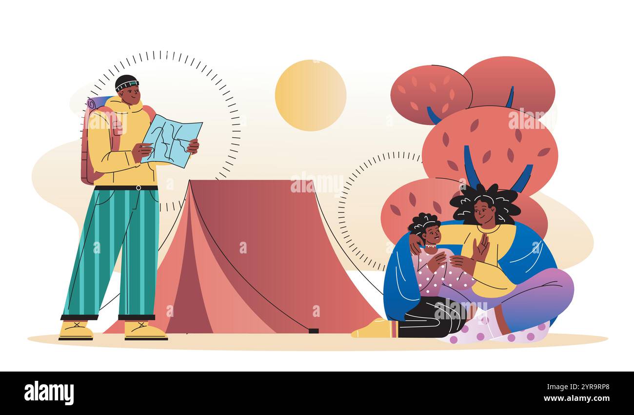 Family on autumn camping. Man with map and woman with child sit near ...