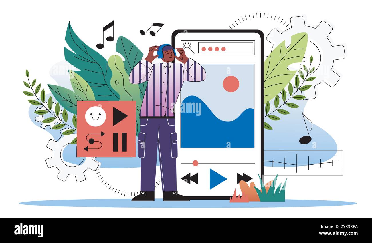 Man listening to audio guide. Young guy wearing headphones near huge ...