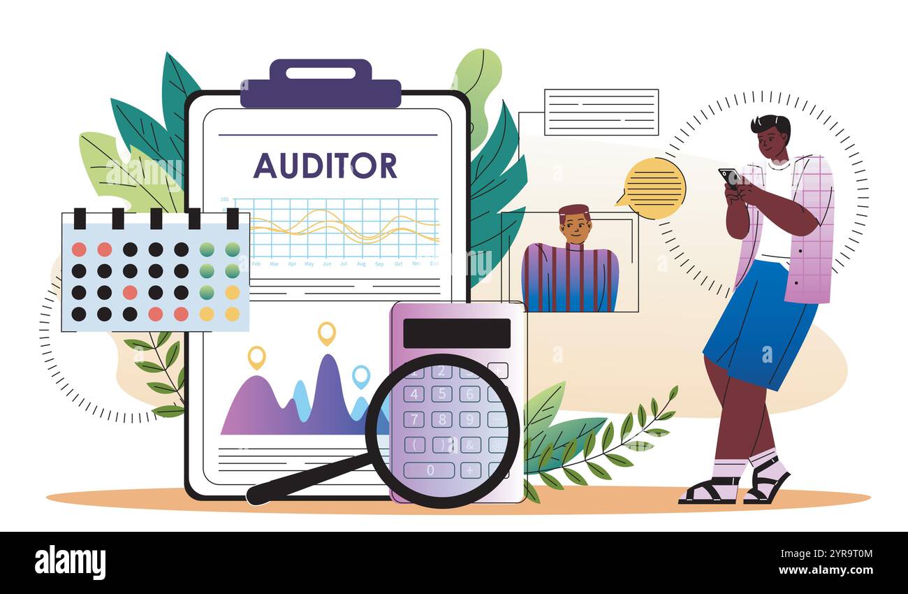 Financial auditor concept. Man with magnifying glass evaluates charts ...