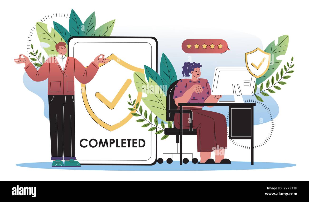 Checklist task completion. Man and woman at workplace perform tasks. Time management and ...