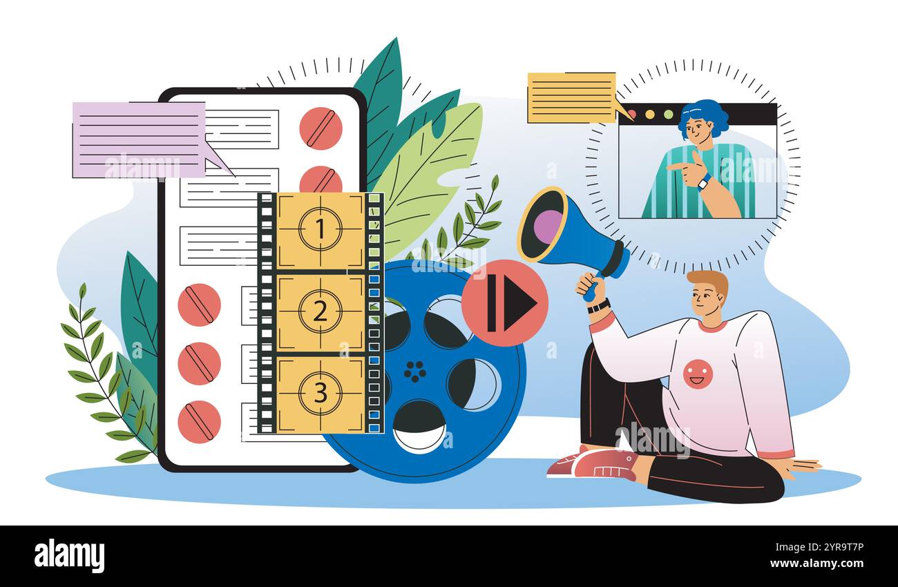 Brand manage concept. Man with loudspeaker promote company on internet ...