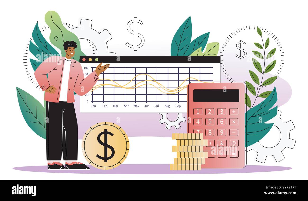 Cost optimization concept. Man stands near gold coins and calculator ...